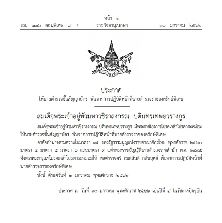 โปรดเกล้าฯให้นายตำรวจชั้นสัญญาบัตรพ้นจากการปฏิบัติหน้าที่นายตำรวจราช